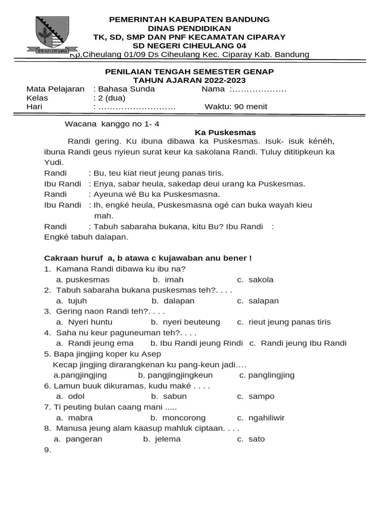 Soal Pts Sunda SMT 2 Kelas 2 (23-24) | PDF