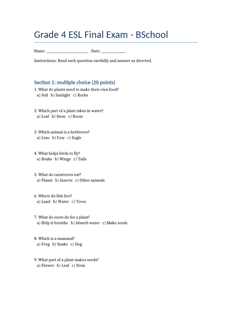 Grade4 ESL Final Exam 2 | PDF