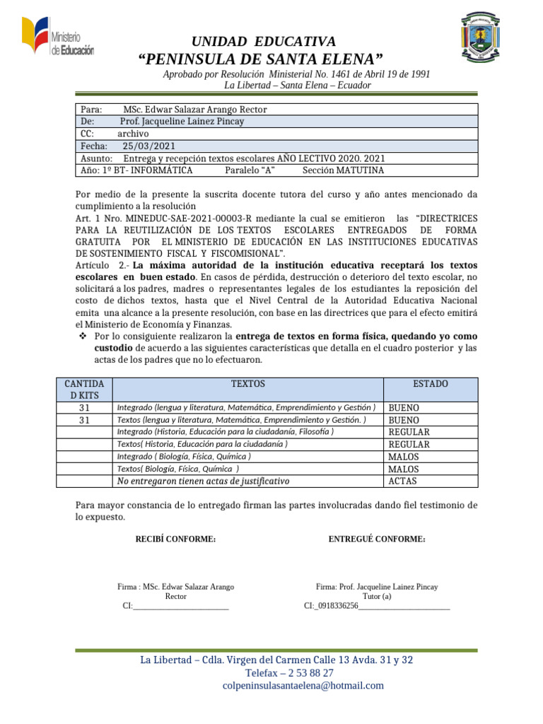 Acta de Entrega de Libros Al Rector 1 A in | PDF