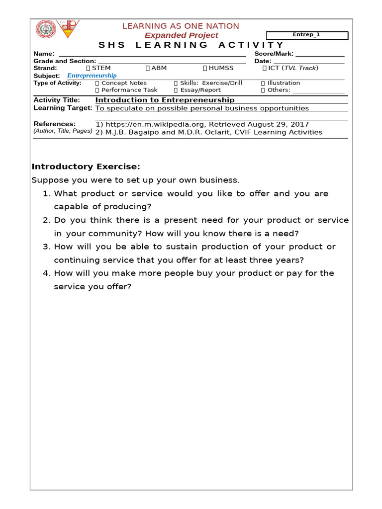 Entrep LAS 1 Introduction To Entrepreneurship | PDF