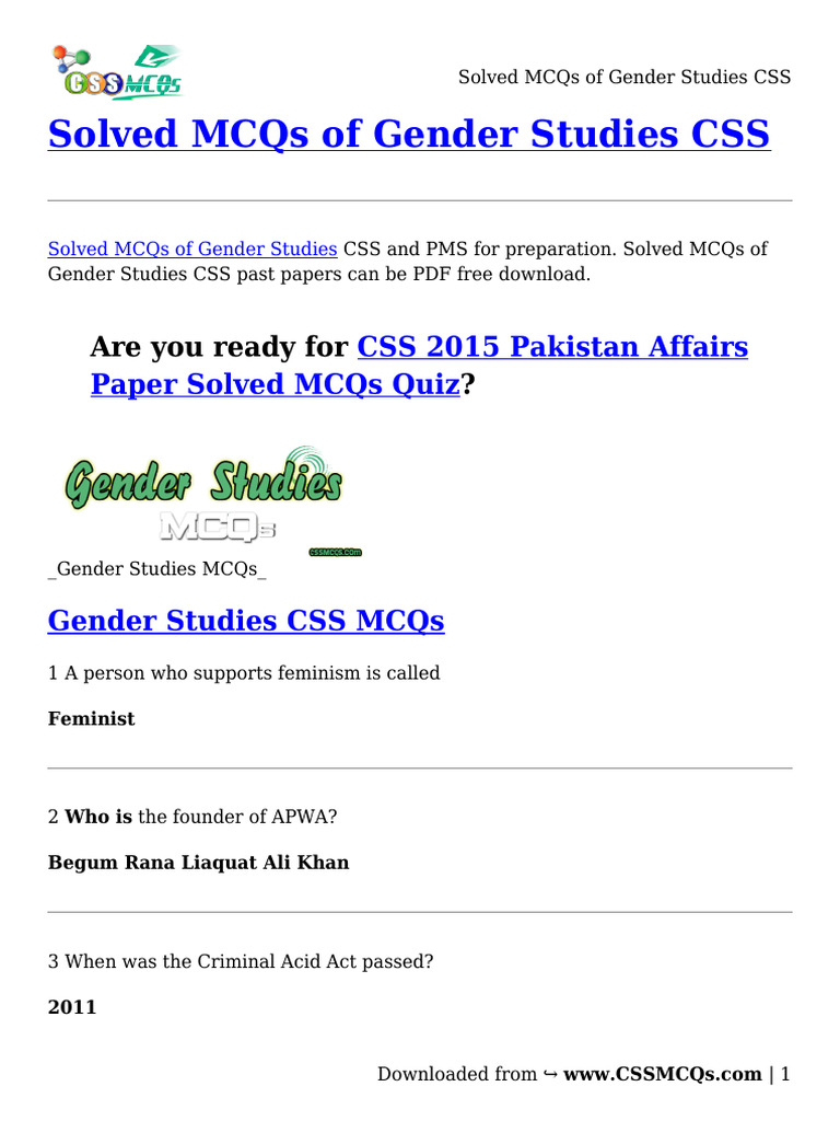 Solved MCQs of Gender Studies CSS | PDF