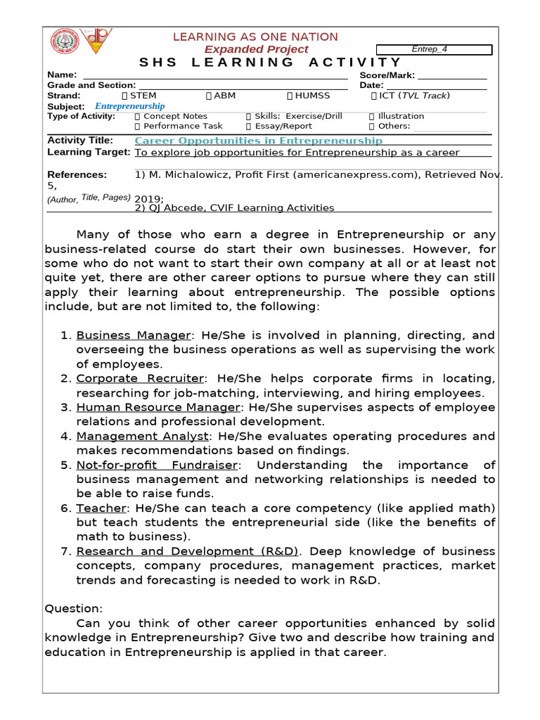 Entrep LAS 4 Career Opportunities in Entrepreneurship | PDF | Entrepreneurship