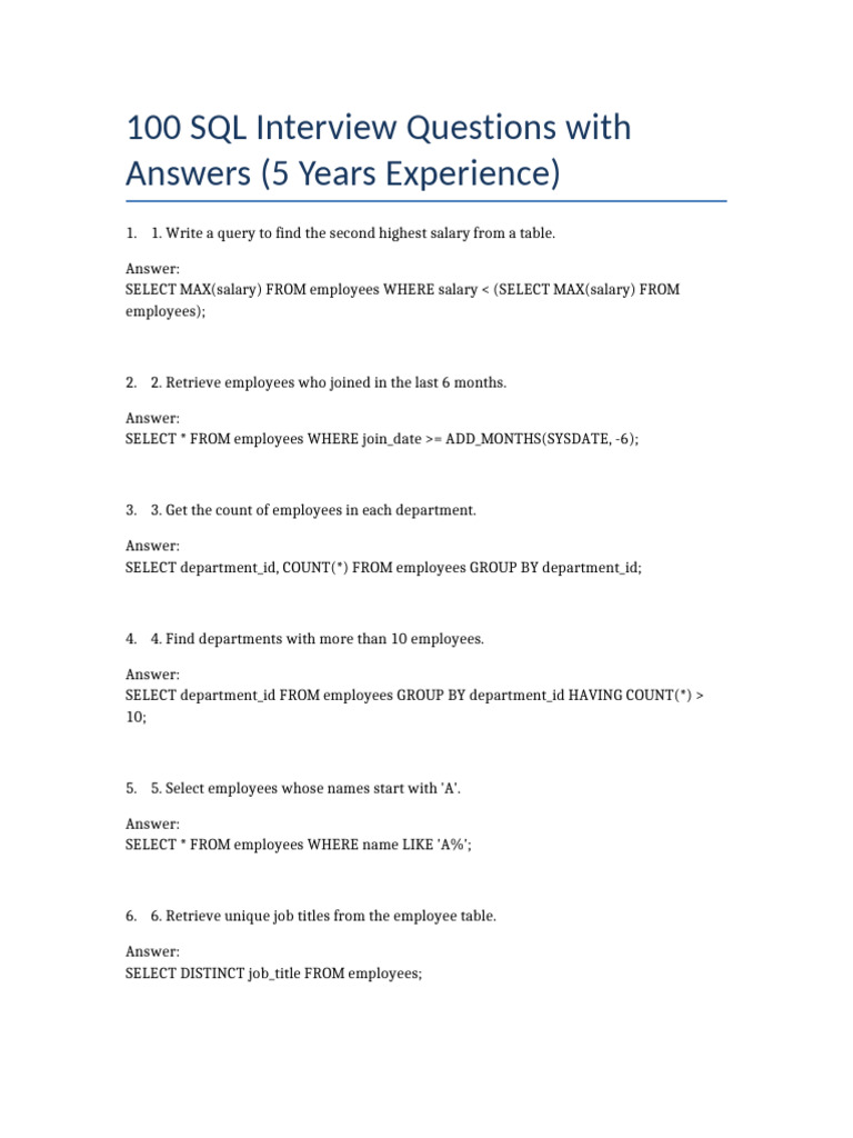 SQL Interview Questions With Answers Part1 | PDF | Data Management | Computer Data