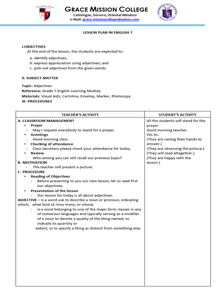 English 7 Lesson Plan on Adjectives | PDF | English Language | Adjective