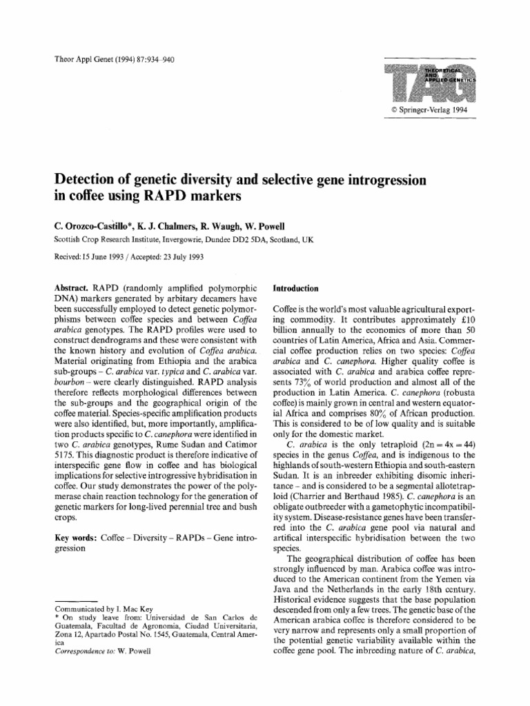 Detection of Genetic Diversity and Selective Gene Introgression in Coffee Using RAPD Markers ...