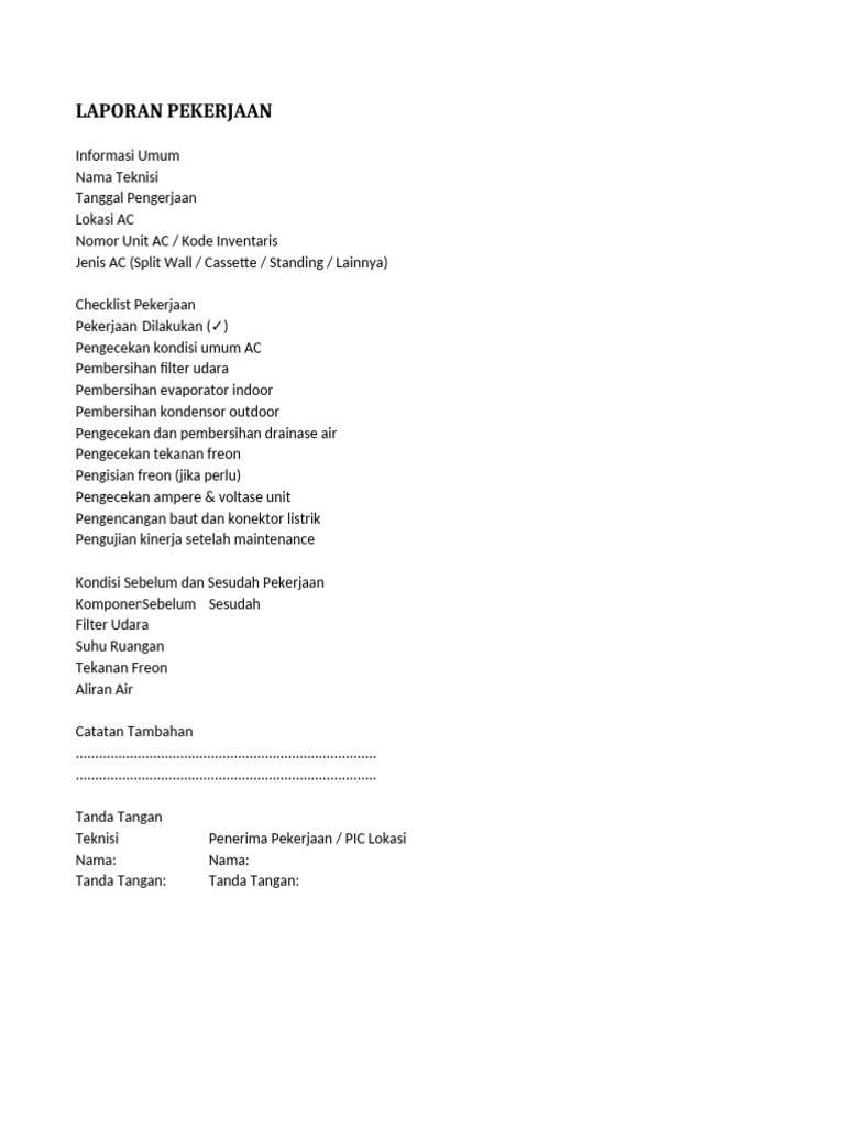 Laporan Service AC: Template dan Contoh | PDF