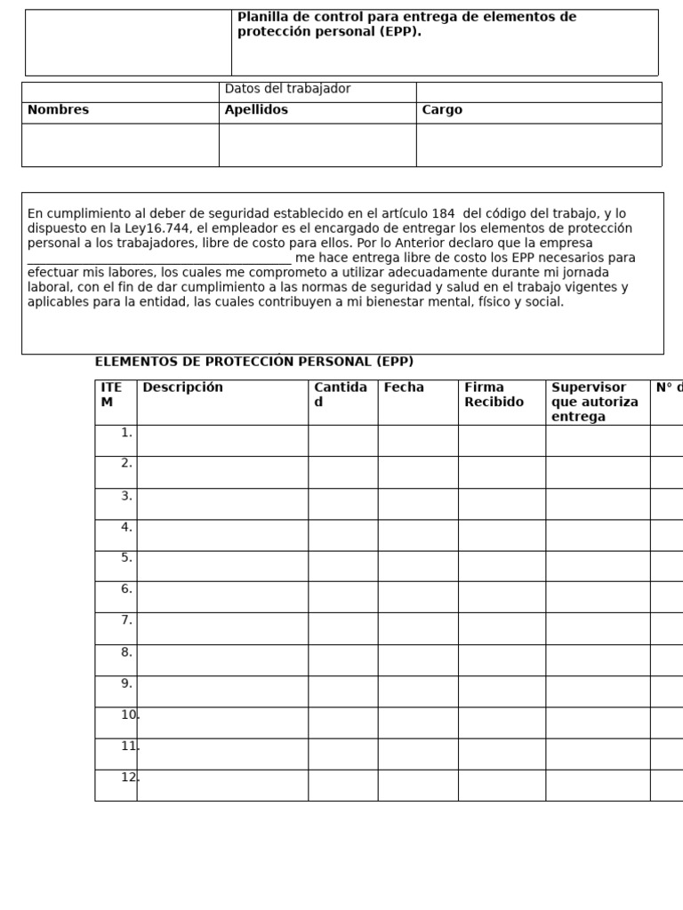 Planilla de Control Entrega de Epp | PDF