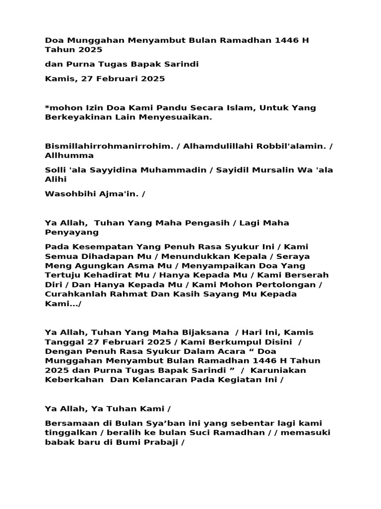 Doa Munggahan Ramadhan dan Purna Tugas | PDF