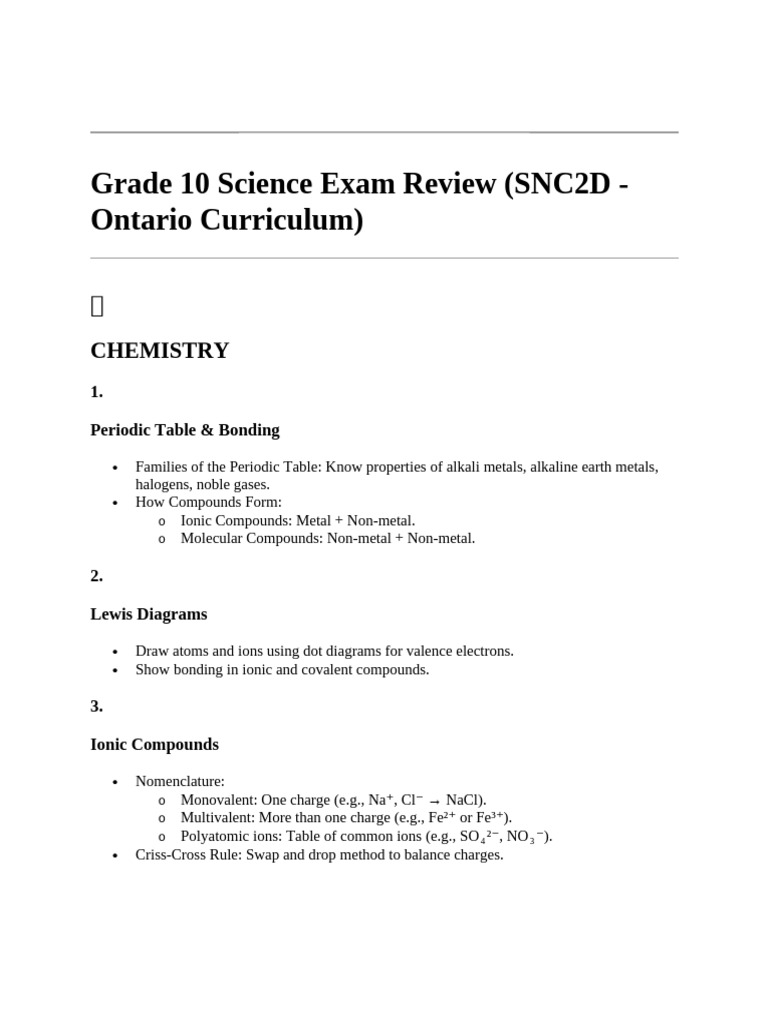 Grade 10 Science Exam Review Guide | PDF | Chemical Compounds | Ion