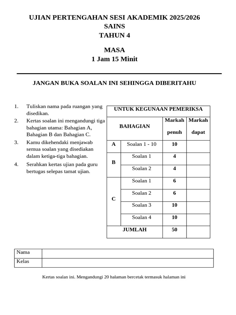Soalan Upsa Sains Tahun 4 2025 | PDF