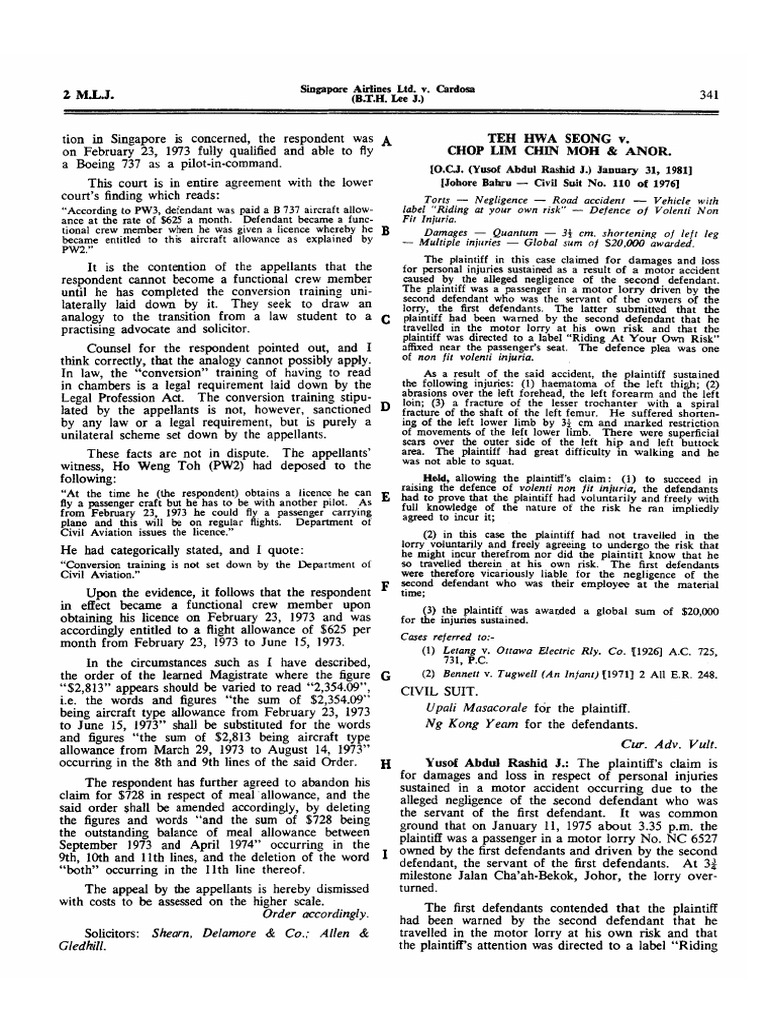 TEH HWA SEONG V CHOP LIM CHIN MOH & ANOR | PDF