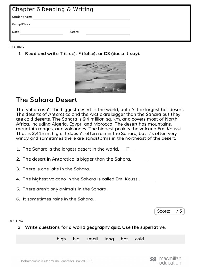 Sahara Desert Reading & Writing Quiz | PDF