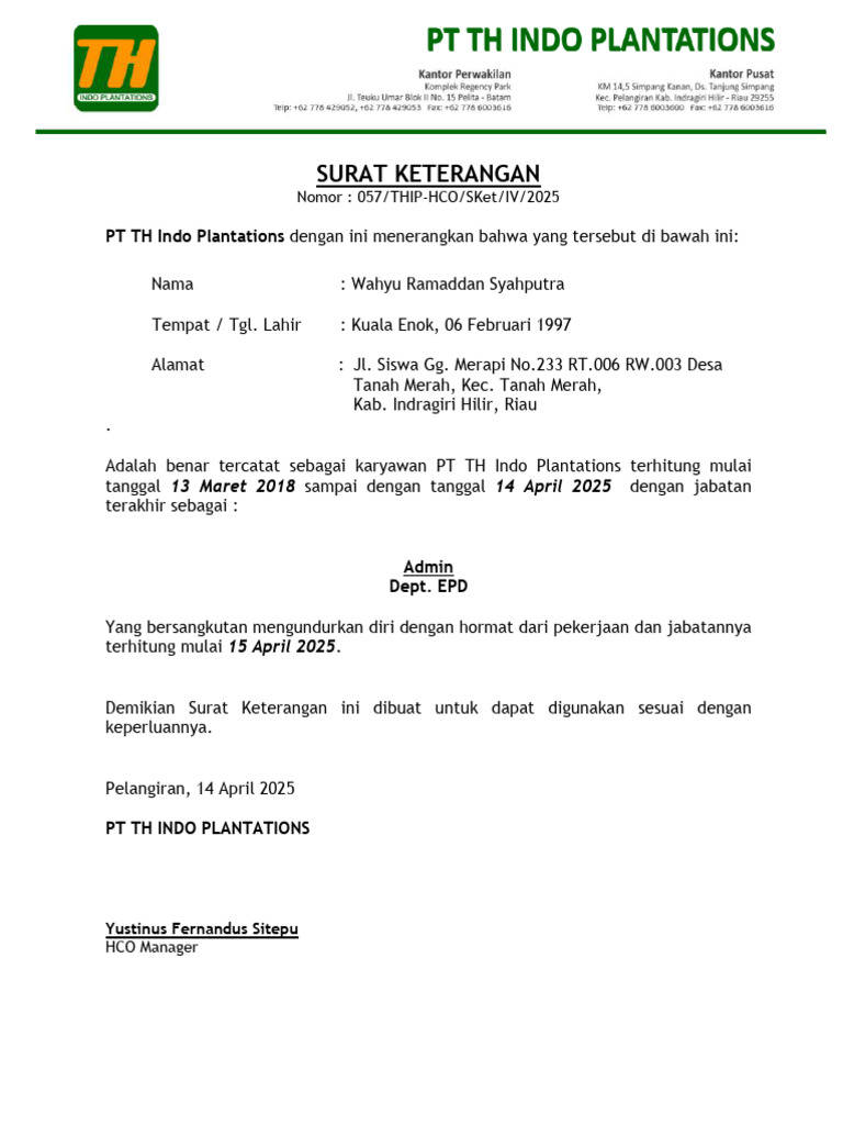 Surat Rekomendasi Wahyu Ramddan Syahputra | PDF