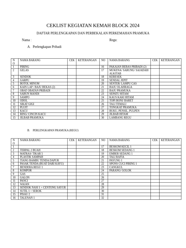 Ceklist Kegiatan Kemah Block 2024 | PDF