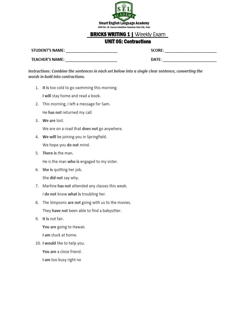 Bricks Writing 1 Weekly Test Unit 5 | PDF