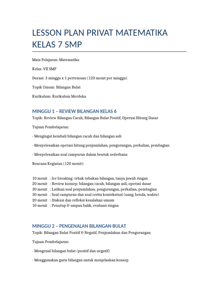 Lesson Plan Privat Matematika Kelas 7 Bilangan Bulat | PDF