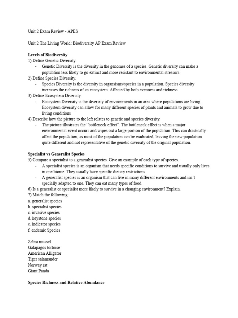 APES Unit 2: Biodiversity Review | PDF | Biodiversity | Ecology