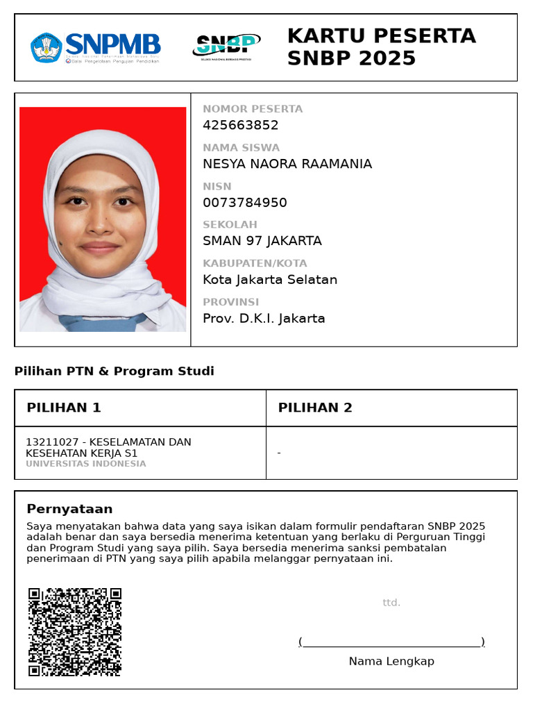 Kartu Peserta SNBP 2025 | PDF