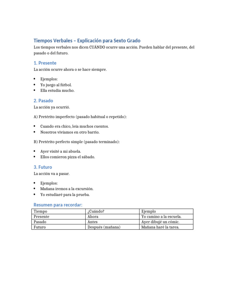 Tiempos Verbales Sexto Grado | PDF