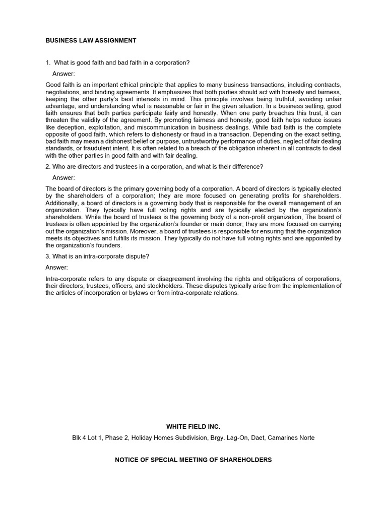 Business Law: Corporate Governance Overview | PDF | Board Of Directors ...