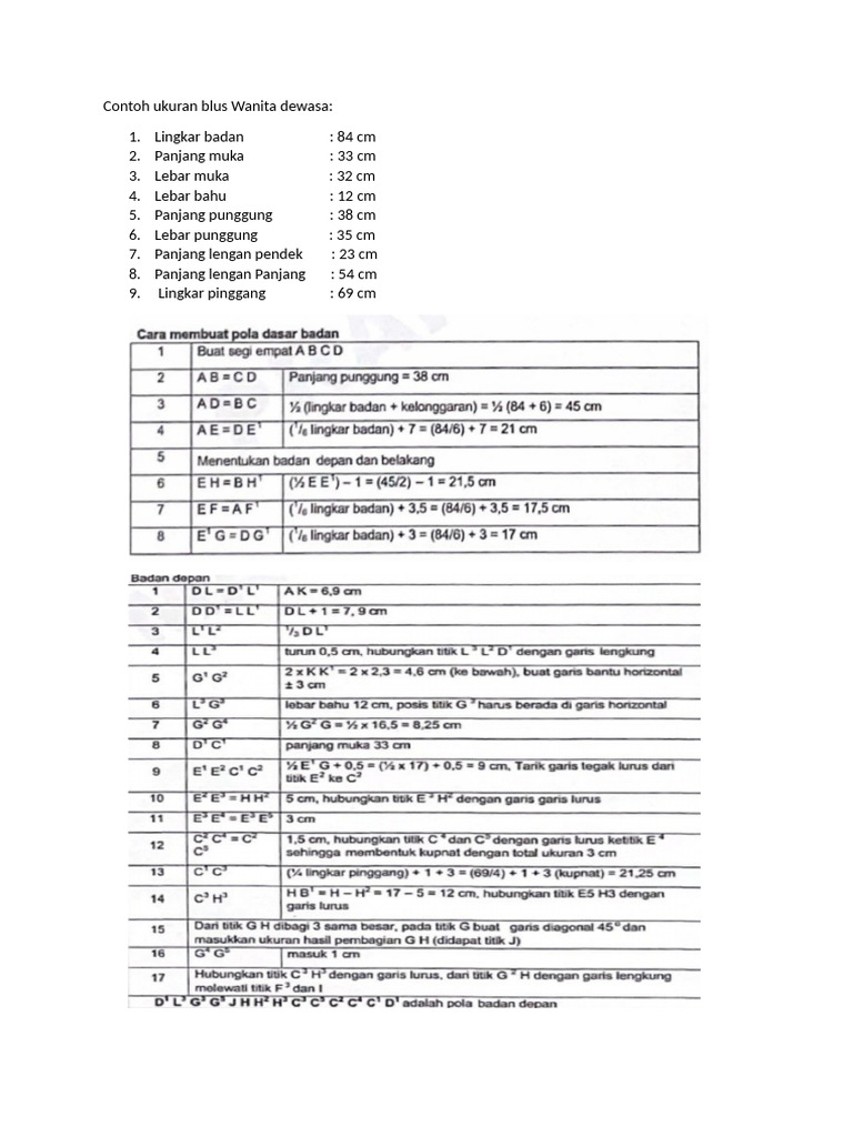 Contoh Ukuran Blus Wanita Dewasa | PDF