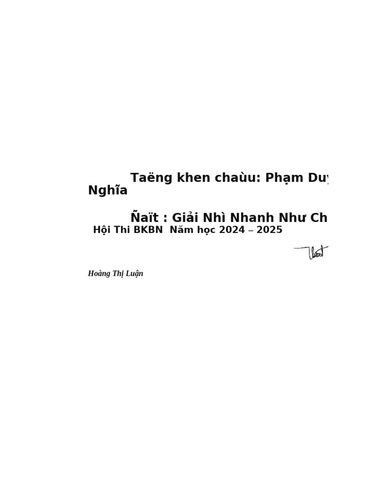Taëng khen chaùu: Phạm Duy Nghĩa Ñaït: Giải Nhì Nhanh Như Chớp Nhí | PDF