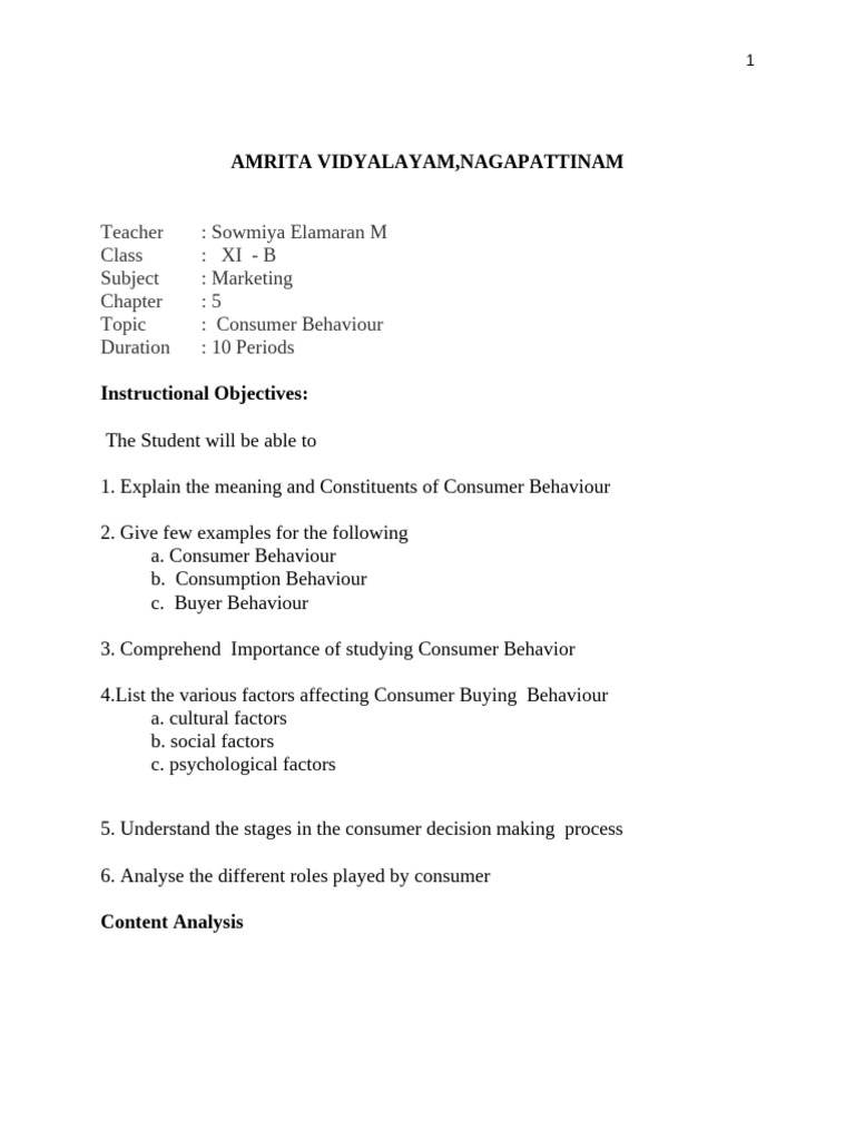 Oct Lesson Plan 2024 Class 11 MKTG Chapter 5 | PDF | Consumer Behaviour | Behavior
