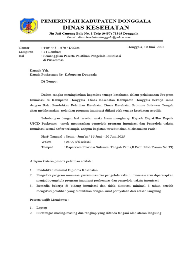 Surat Pemanggilan Peserta Pelatihan Imunisasi | PDF