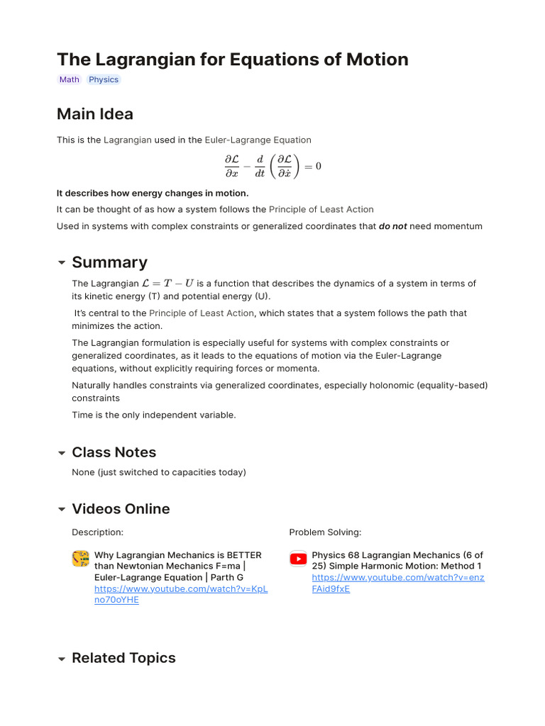 The Lagrangian For Equations of Motion | PDF
