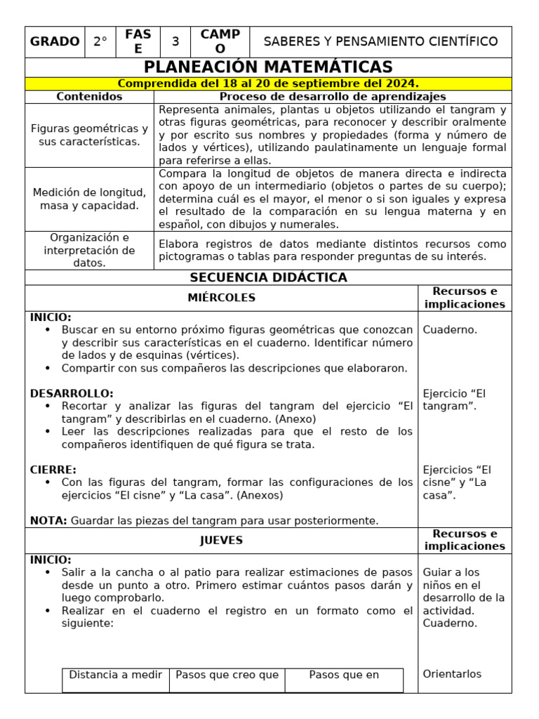Planeación Matemáticas Semana 3 Segundo Grado Pronalees Xochitl Cruz | PDF