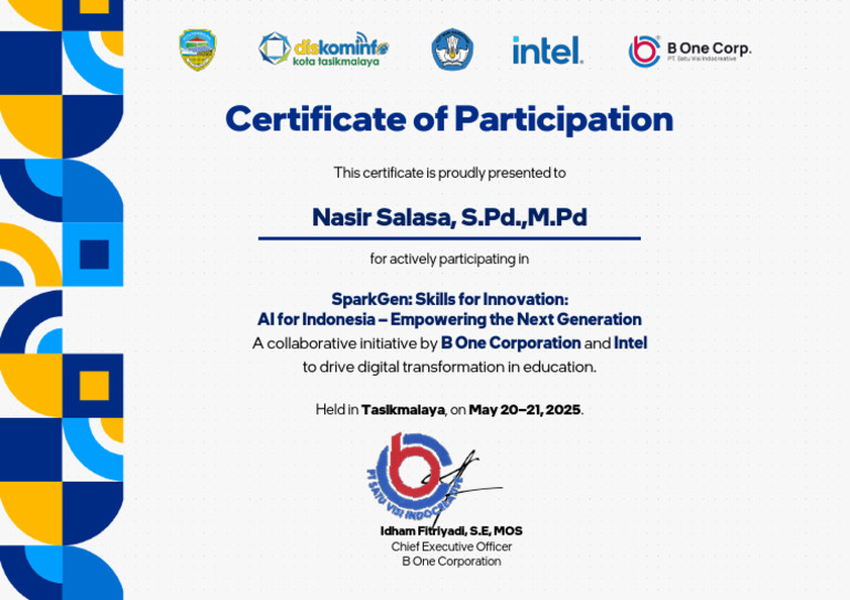 Nasir Salasa, S.PD.,M.PD Intel SFI Certificate of Participation A4 | PDF
