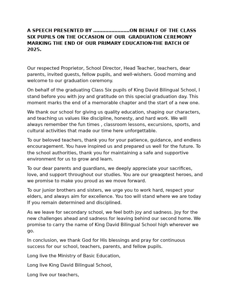 Class Six Graduation Speech 2025 | PDF