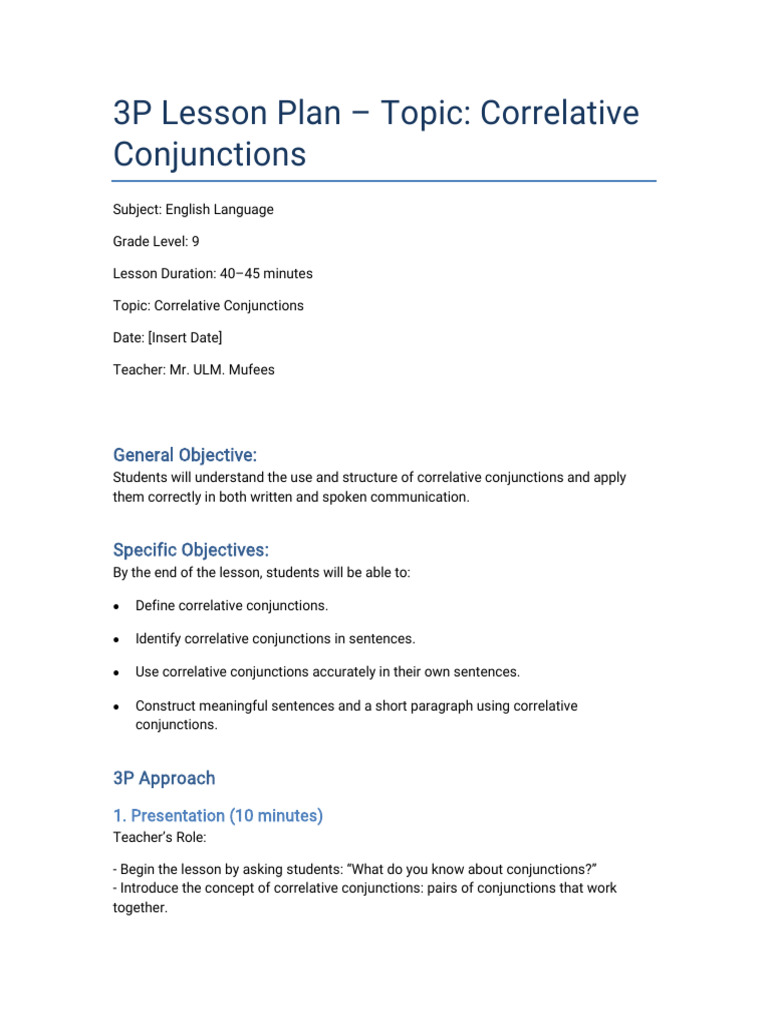 3P Lesson Plan Correlative Conjunctions | PDF | Lesson Plan | Linguistics