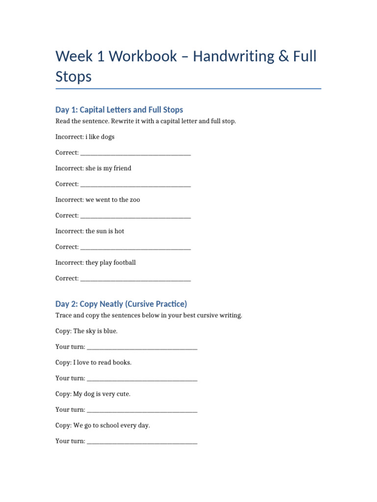 Theo Week1 Workbook Handwriting FullStops | PDF