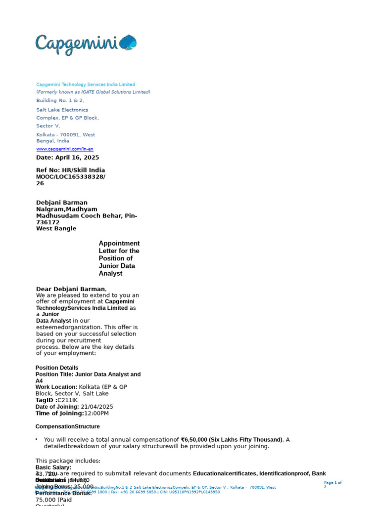 Debjani Barman Capgemini Offer Letter | PDF | Government Finances | Taxes