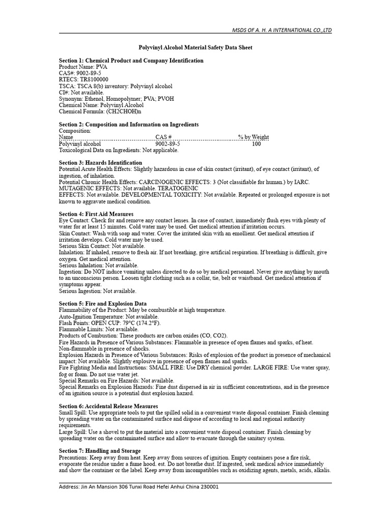 Polyvinyl Alcohol (PVA) MSDS | PDF | Fires | Chemical Substances