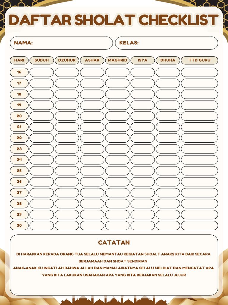 Cokelat Dan Krem Ilustrasi Daftar Sholat Checklist Planner-1 | PDF