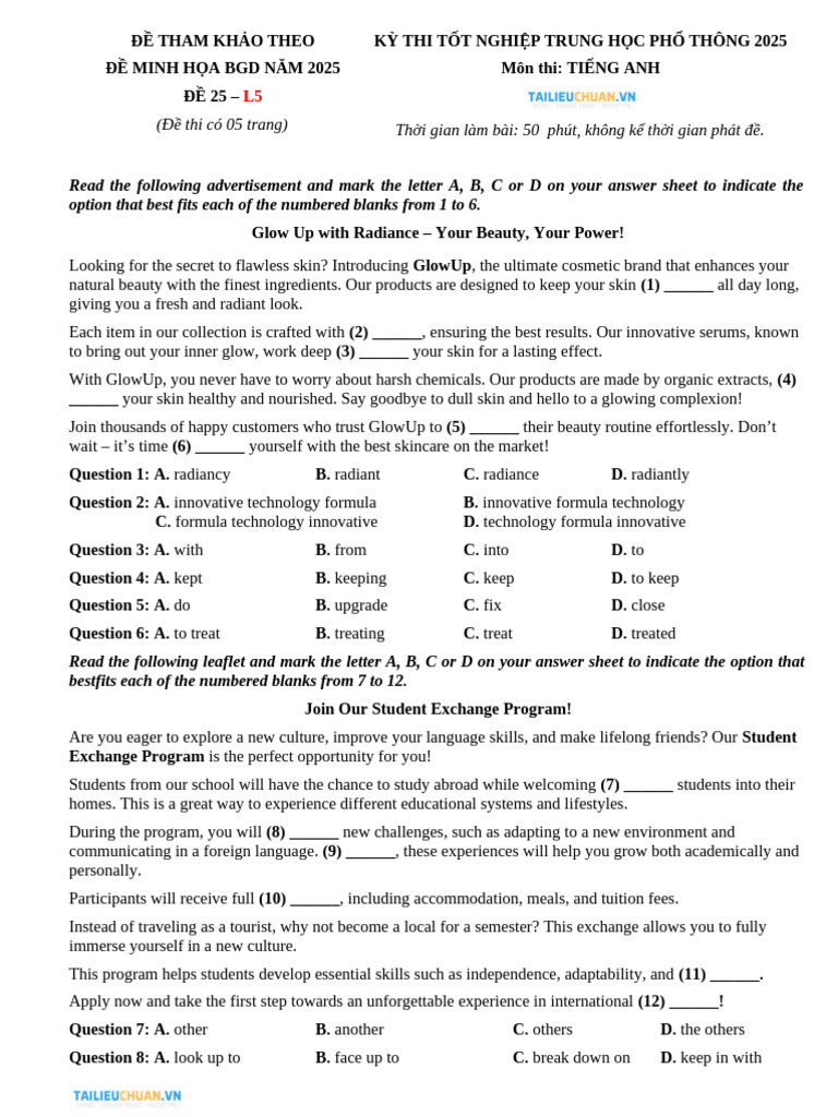 Đề Vip 25 - Phát Triển Đề Minh Họa Môn Anh 2025 - l5 - Fix2 | PDF | Fashion