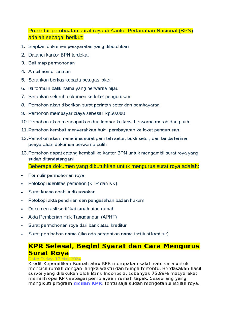 Prosedur Pembuatan Surat Roya Di Kantor Pertanahan Nasional | PDF