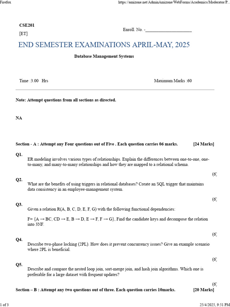 DBMS-April 2025 Question Paper | PDF | Relational Model | Data Management Software
