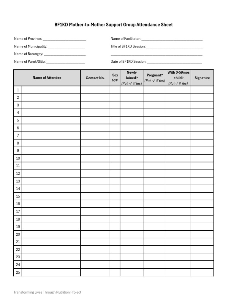 BF1KD Support Group Attendance Sheet | PDF