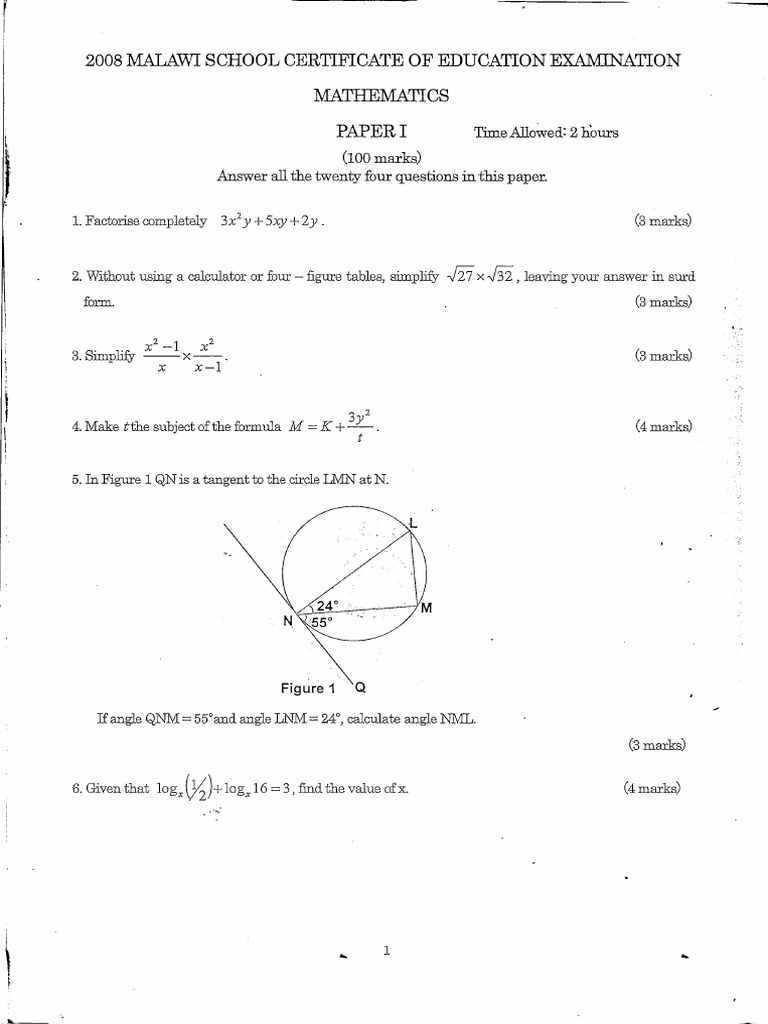 2008msce Math Paper | PDF