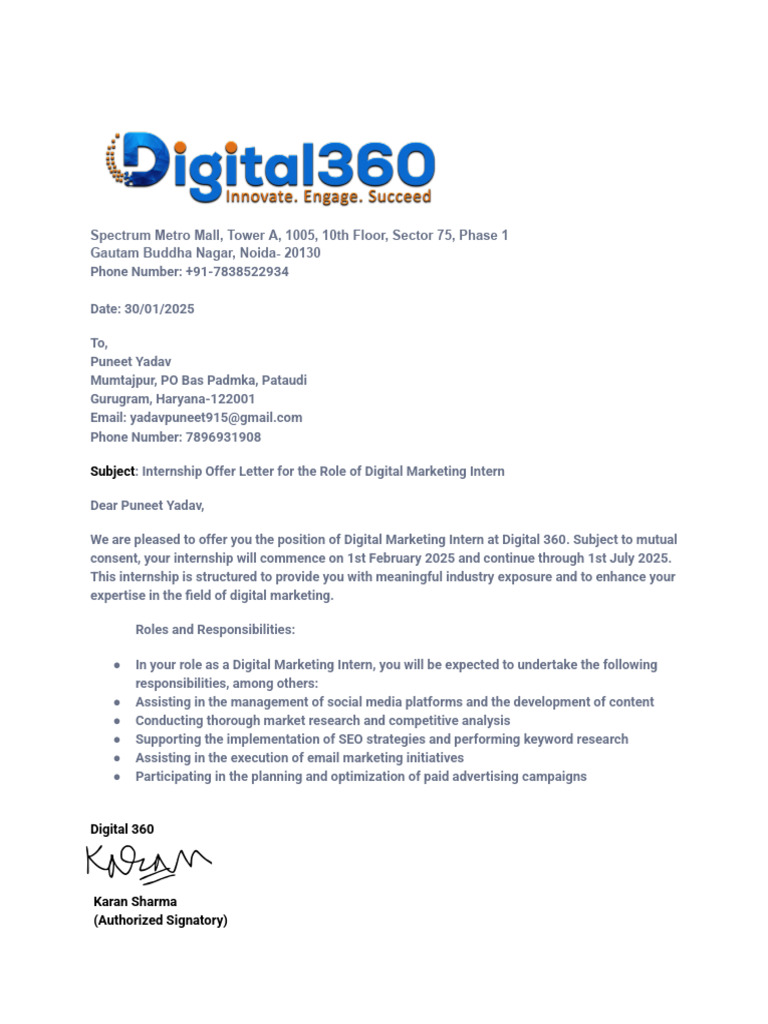 Internship Offer Letter of Puneet Yadav-6 | PDF