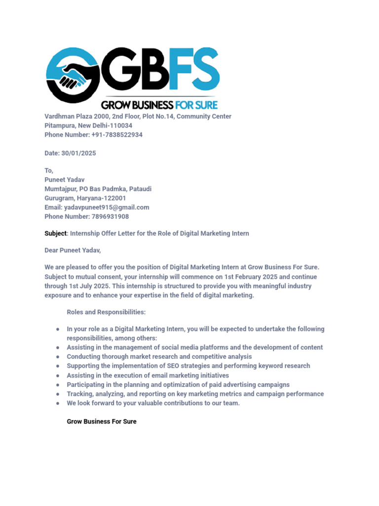 Internship Offer Letter of Puneet Yadav-4 | PDF