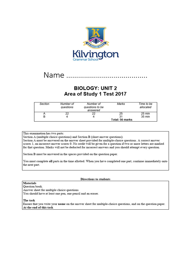 2017 Unit 2 AOS1 Test | PDF | Meiosis | Sexual Reproduction