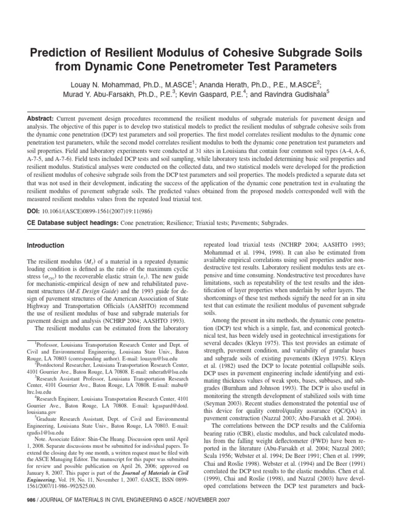 Prediction of Resilient Modulus of Cohesive Subgrade Soils From Dynamic ...