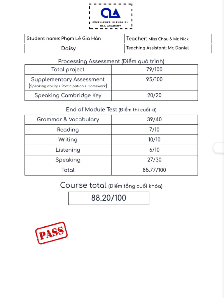 Report Card of s3b - Hân | PDF