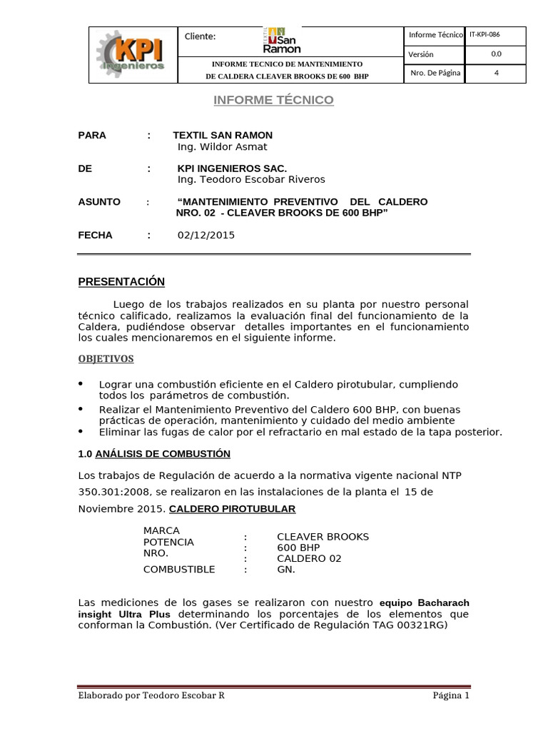 Informe Técnico: Para: Textil San Ramon | PDF | Tubo vacío