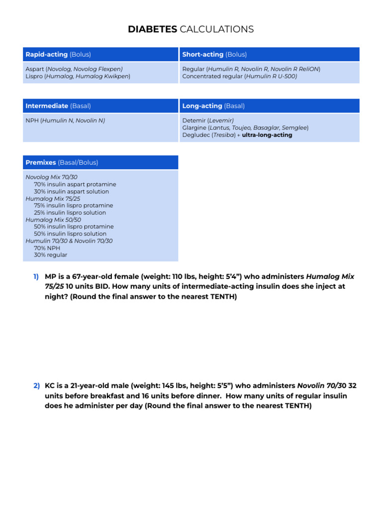 DM Calculations Practice | PDF | Insulin | Diabetes