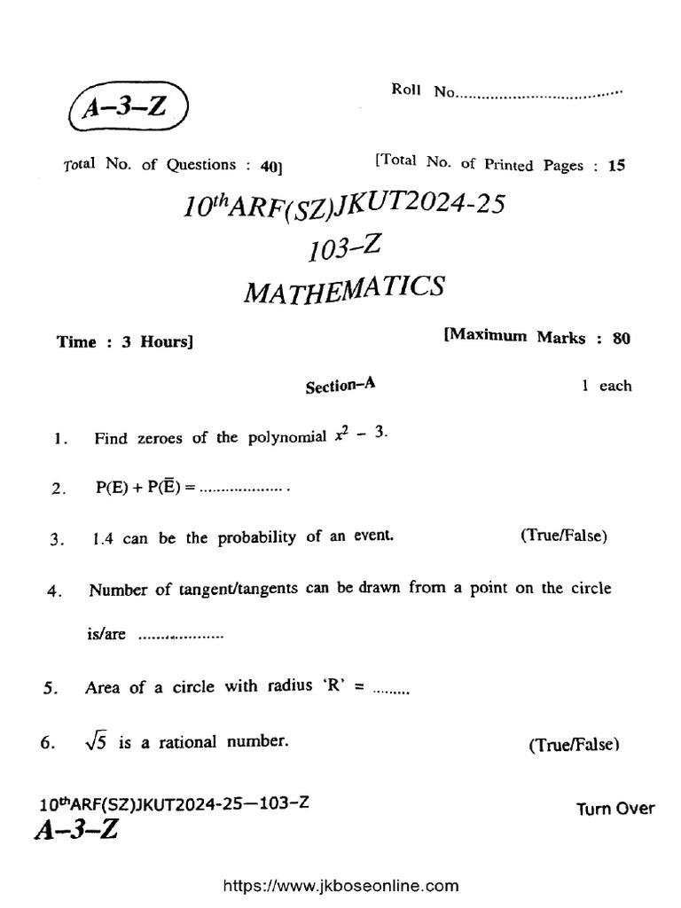 JK Bose Class 10 Mathematics 103 Z 2025 | PDF
